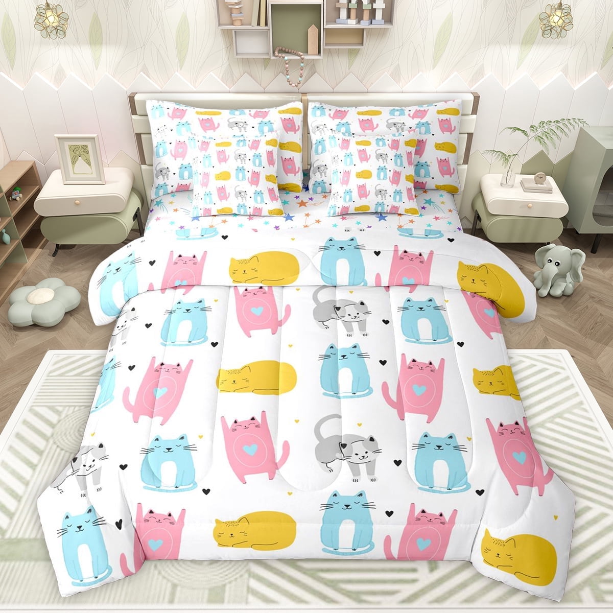 Feelyou Funny Cat Kids Twin Bedding Sets 7-Piece, Kawaii Cartoon Kitten ...