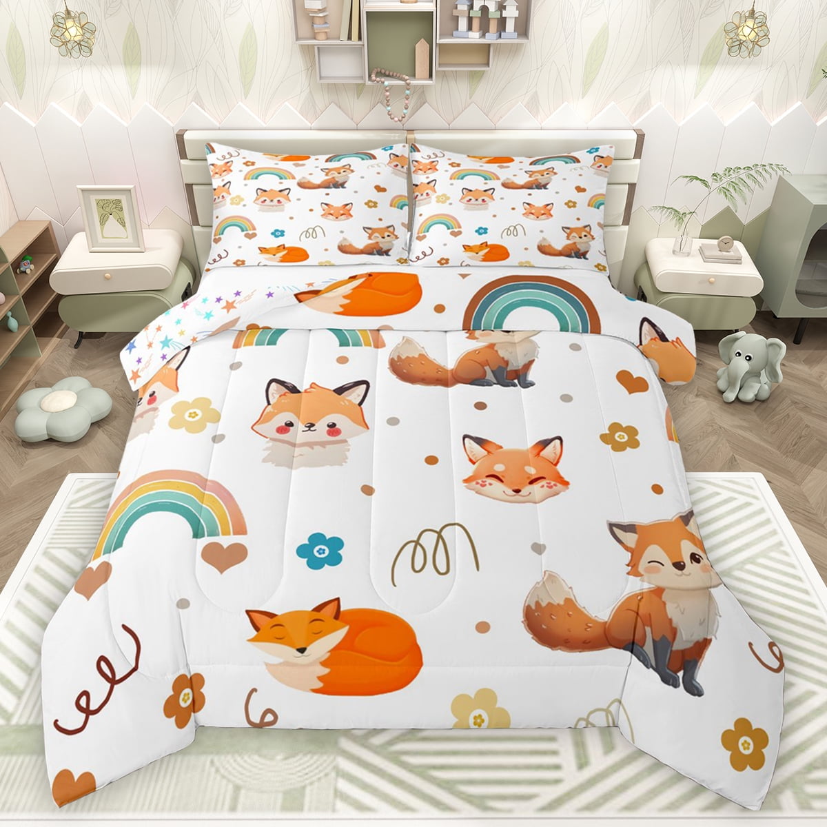 Feelyou Funny Jungle Fox Bedding Comforter Set for Boy, Cartoon Rainbow ...