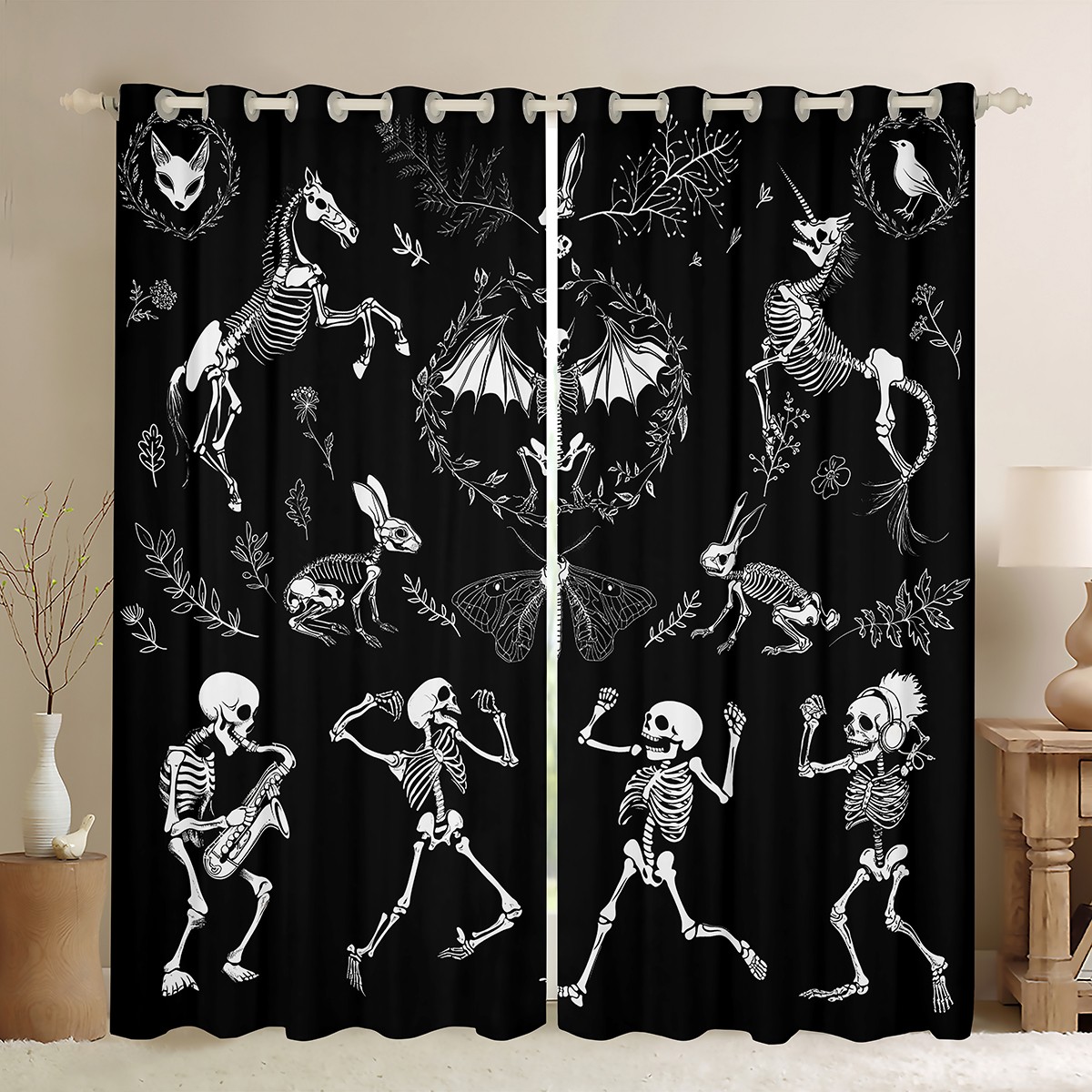 Feelyou Funny Skull Skeleton Curtains and Drapes, Gothic Moth Black Out ...