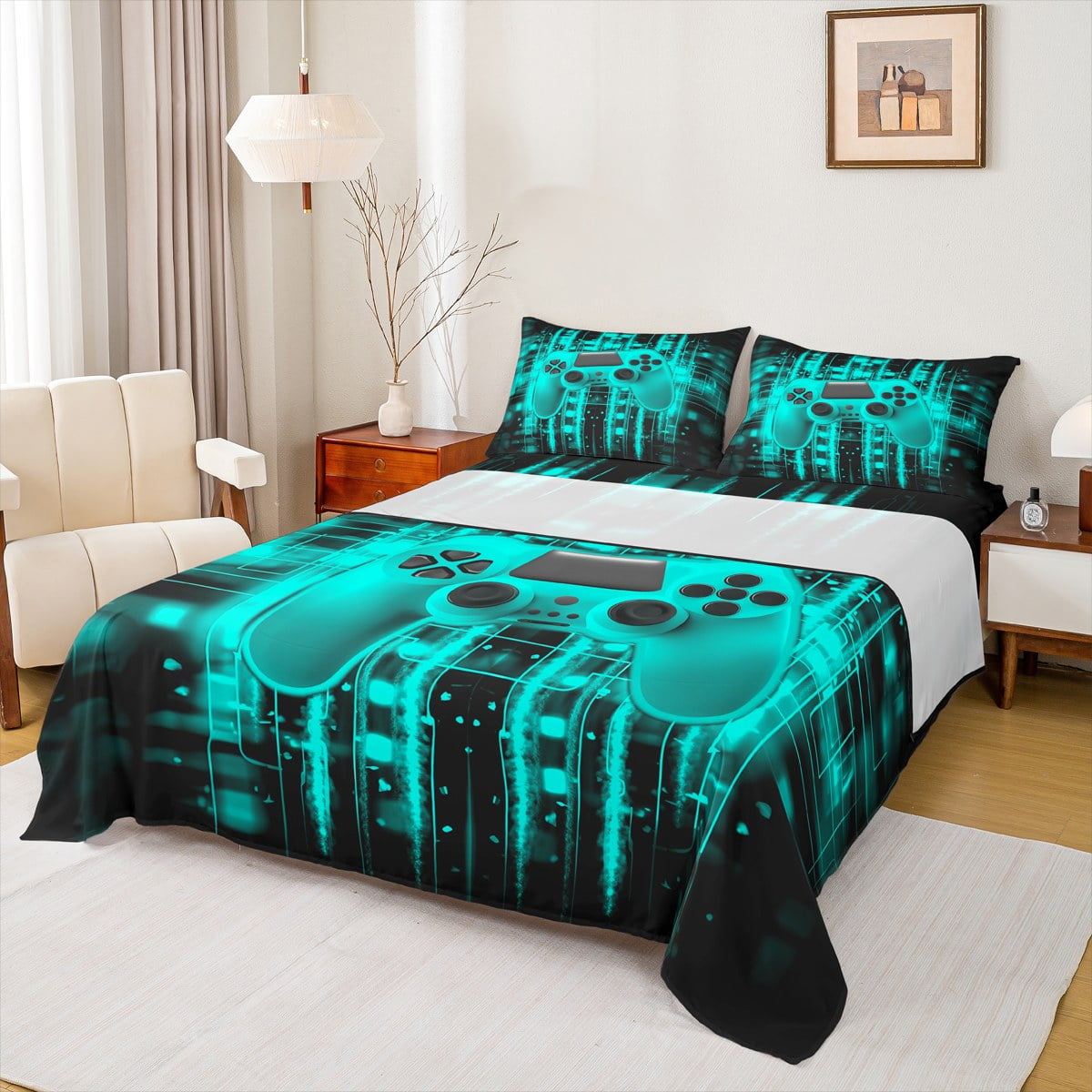Feelyou Futuristic Game Controller Full Size Sheets, Neon Glowing Teal ...