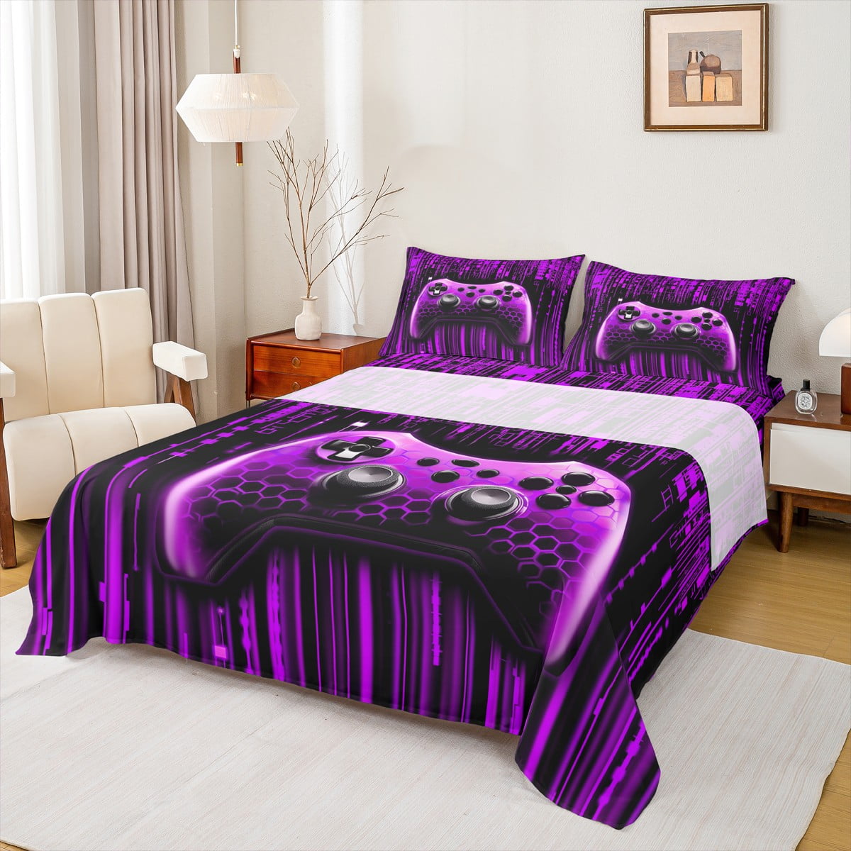 Feelyou Futuristic Gamepad Boys Bed Sheets, Neon Purple Honeycomb King ...