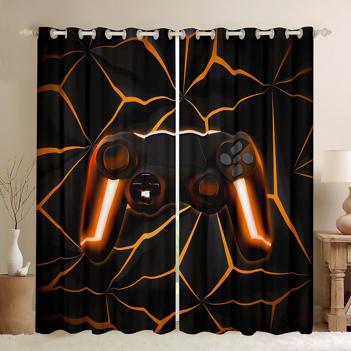 Feelyou Futuristic Gamepad Boys Black Out Curtains, Neon Orange ...