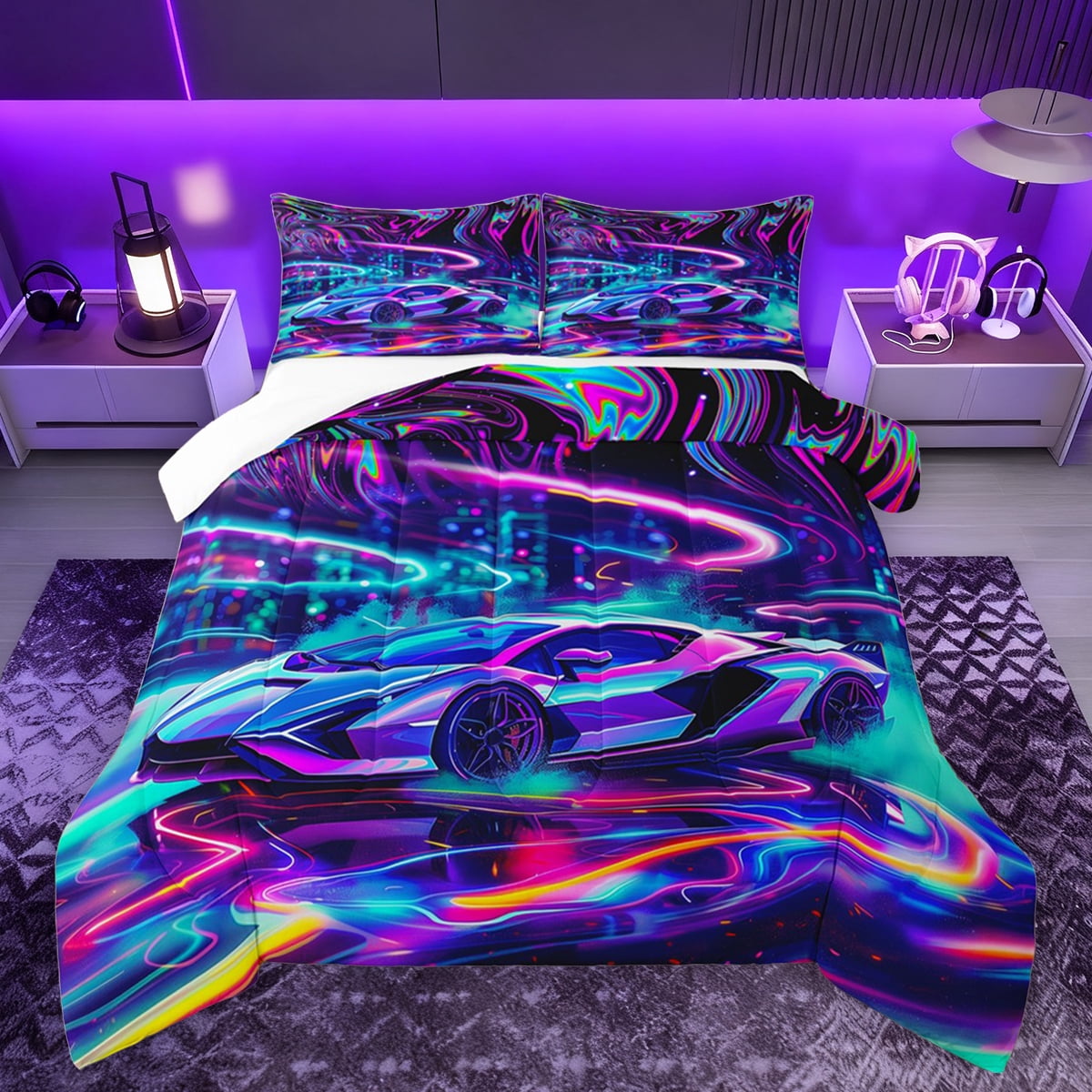 Feelyou Futuristic Race Car Full Size Comforter Sets, Neon Glowing ...
