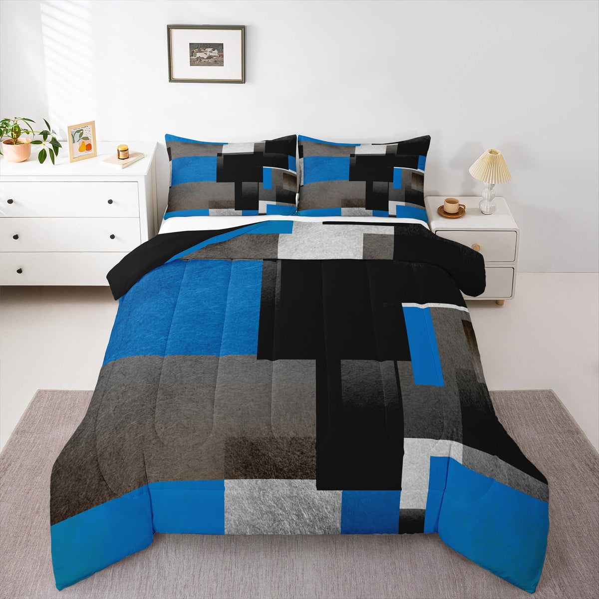 Feelyou Geometric Anstract Bedding Comforter Set for Adult, Grey Blue ...