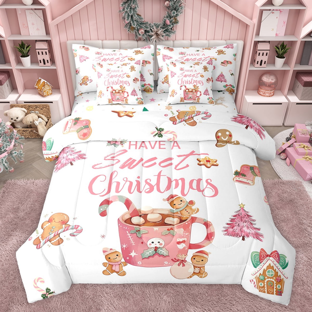 Feelyou Gingerbread Man Child Bedding Comforter Set 7 Pieces, Pink Xmas ...