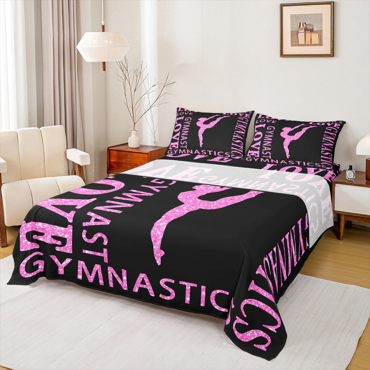 Feelyou Girl Gymnastics Bed Sheets, Black Pink Sequin Print King Sheets ...