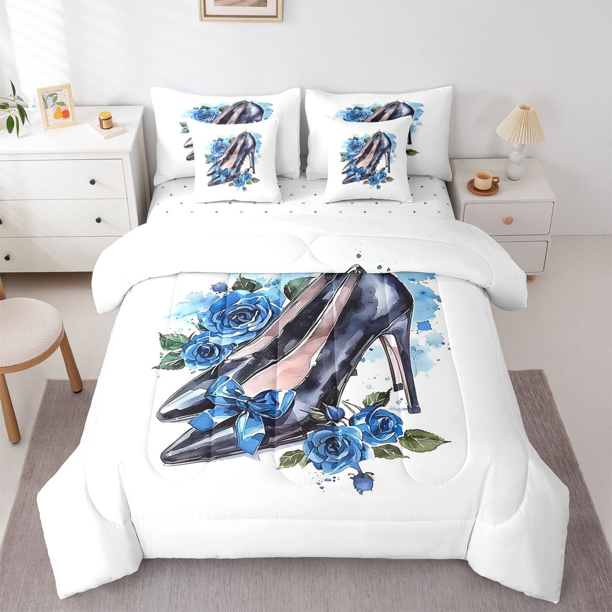 Feelyou Girl High Heel Twin Bedding Sets 7-Piece, Blue Rose Floral ...