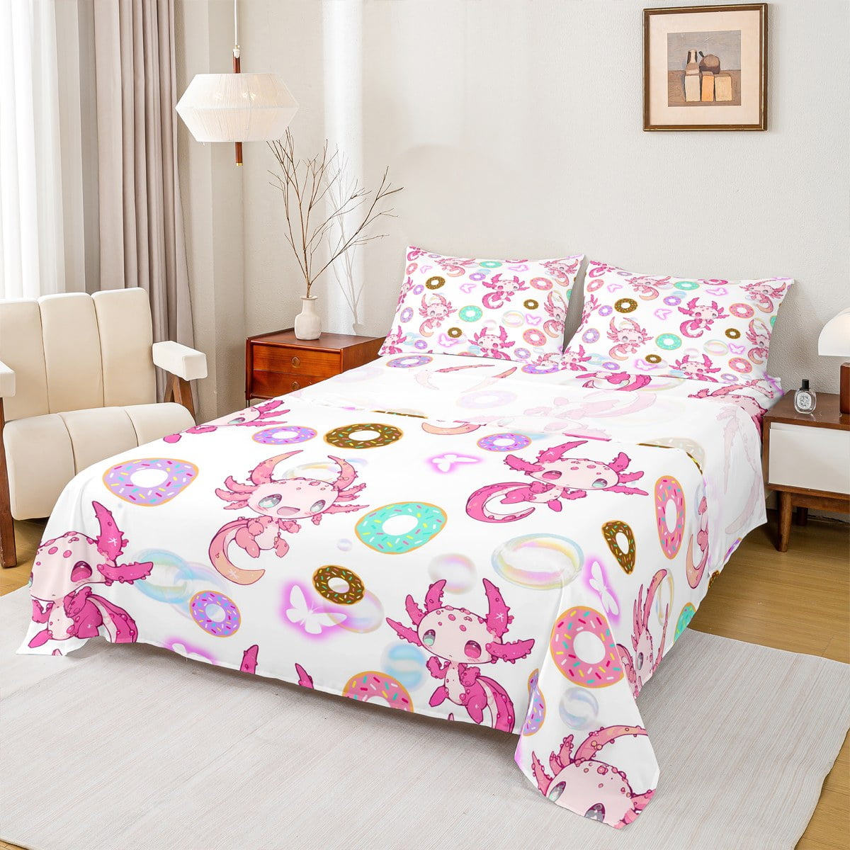 Feelyou Girls Cute Axolotl Queen Sheet Sets, Colorful Donut Flat Sheet ...