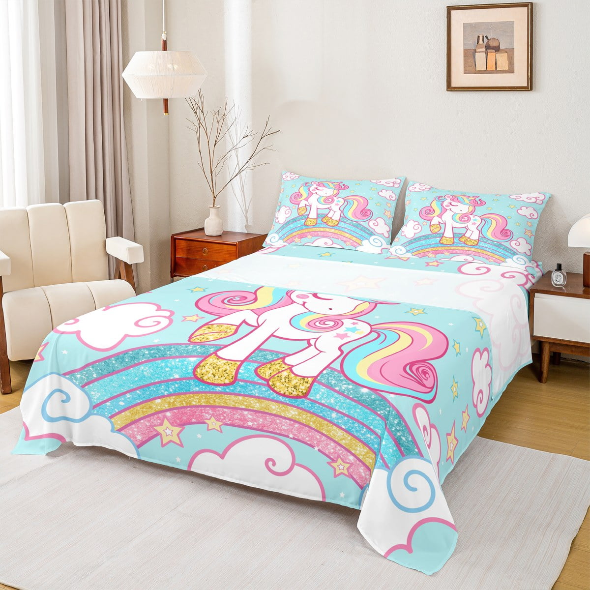 Feelyou Girls Cute Unicorn Bed Sheets, Kawaii Rainbow Stars King Sheets, Cartoon Clouds Sheet ...