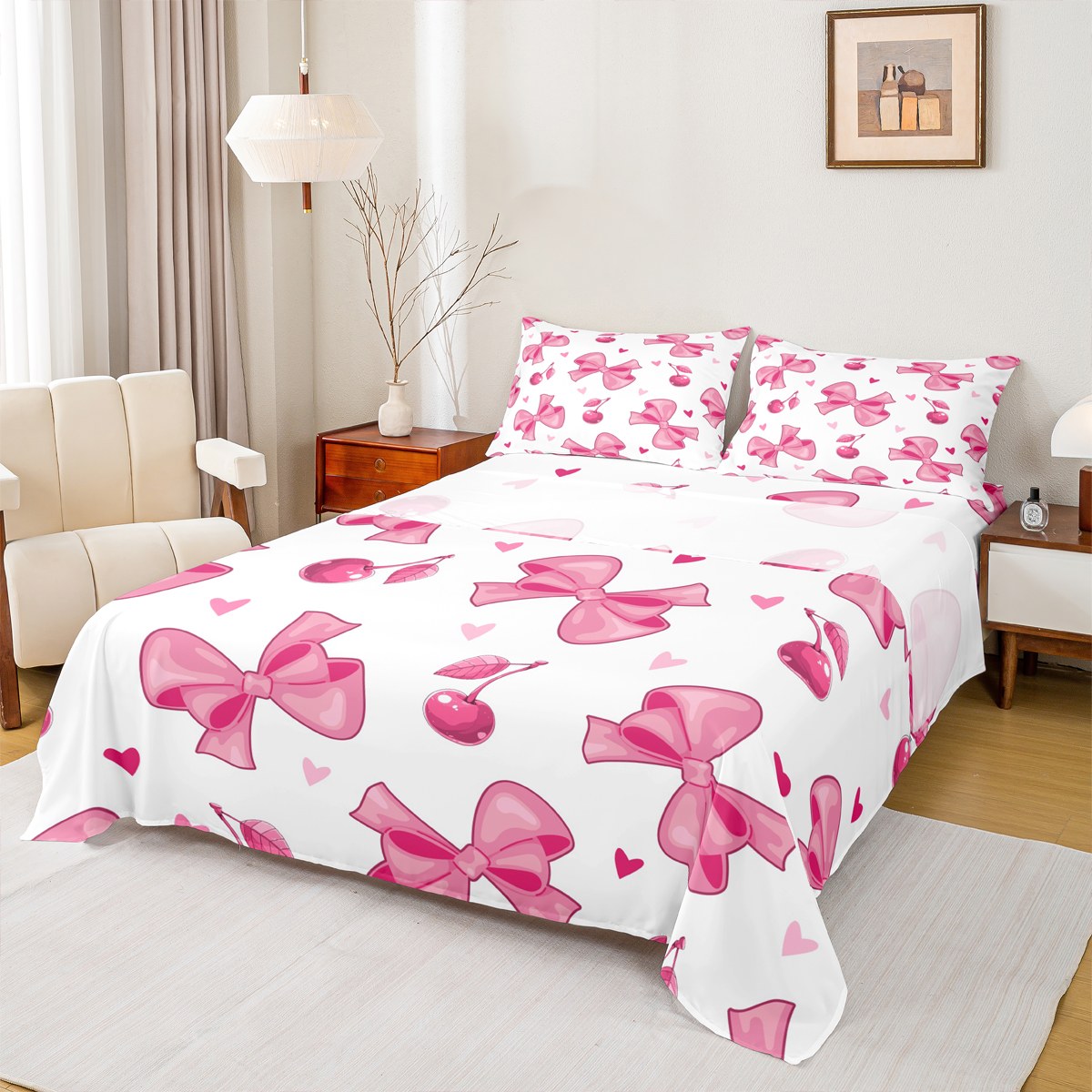 Feelyou Girls Pink Bowknot Ribbon Twin Sheet Sets, Cute Cherry Twin ...