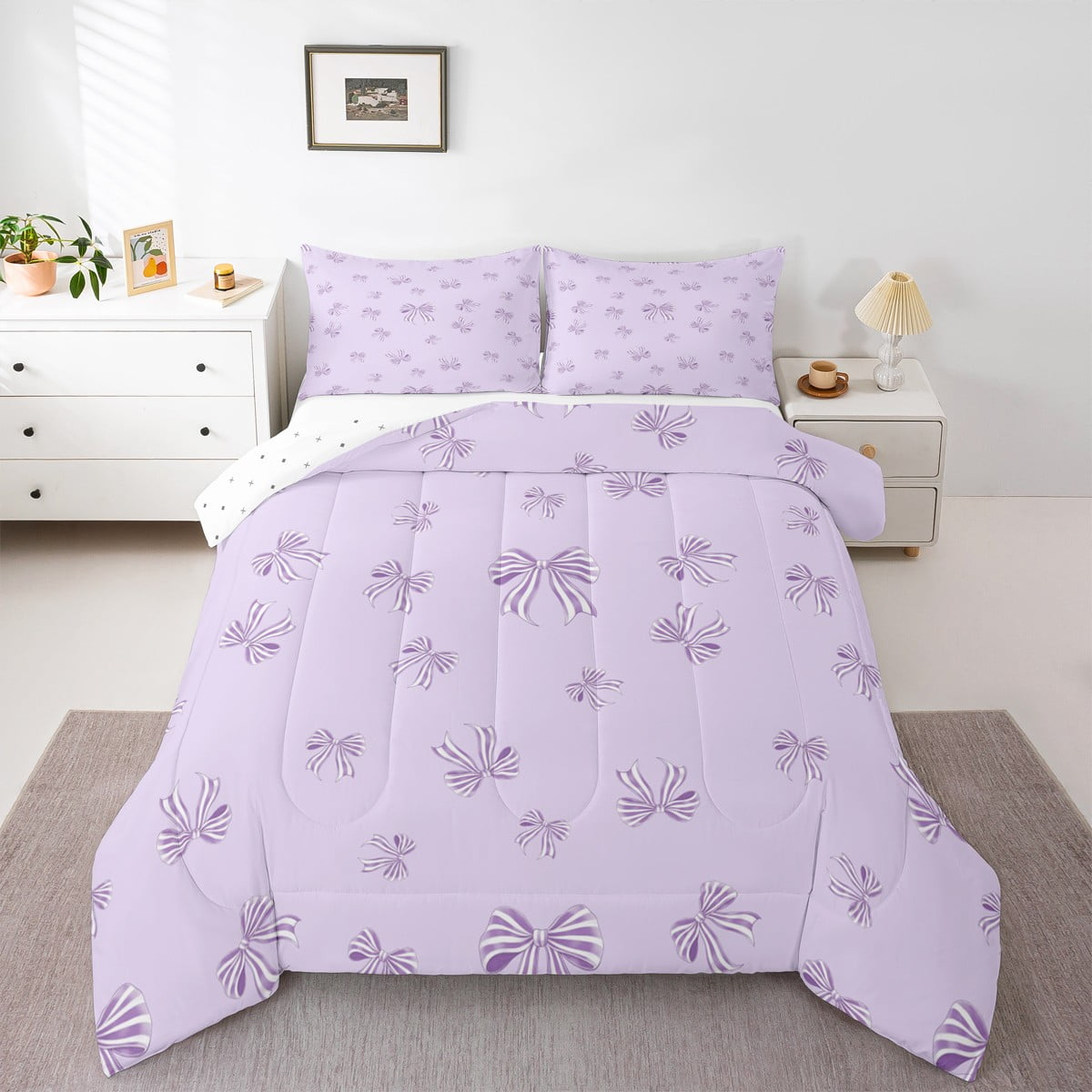 Feelyou Girls Princess Bow Queen Comforter Set, Cartoon Stripes Ribbon ...