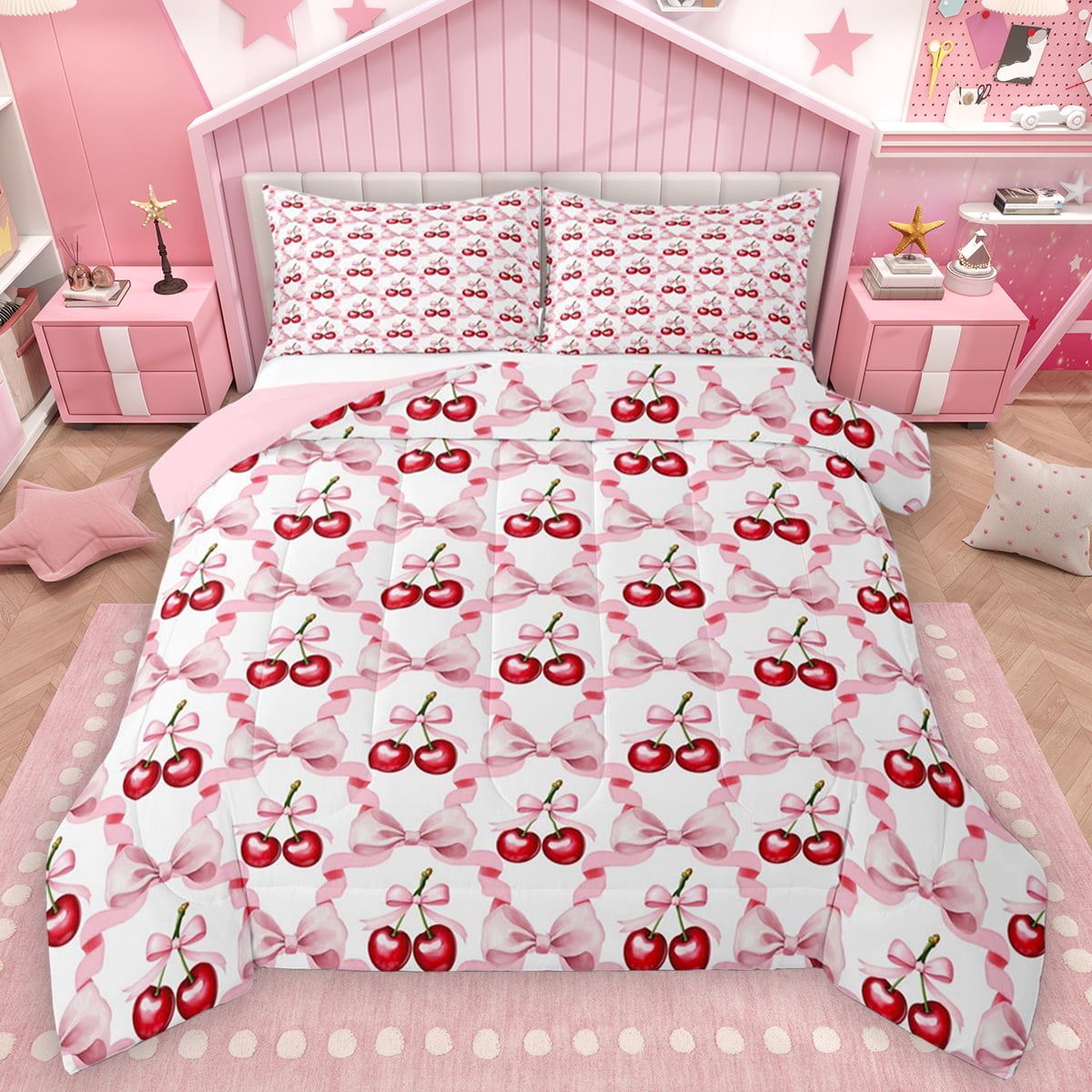 Feelyou Girls Ribbon Cherry Bedding Comforter Set, Pink Princess Bow ...
