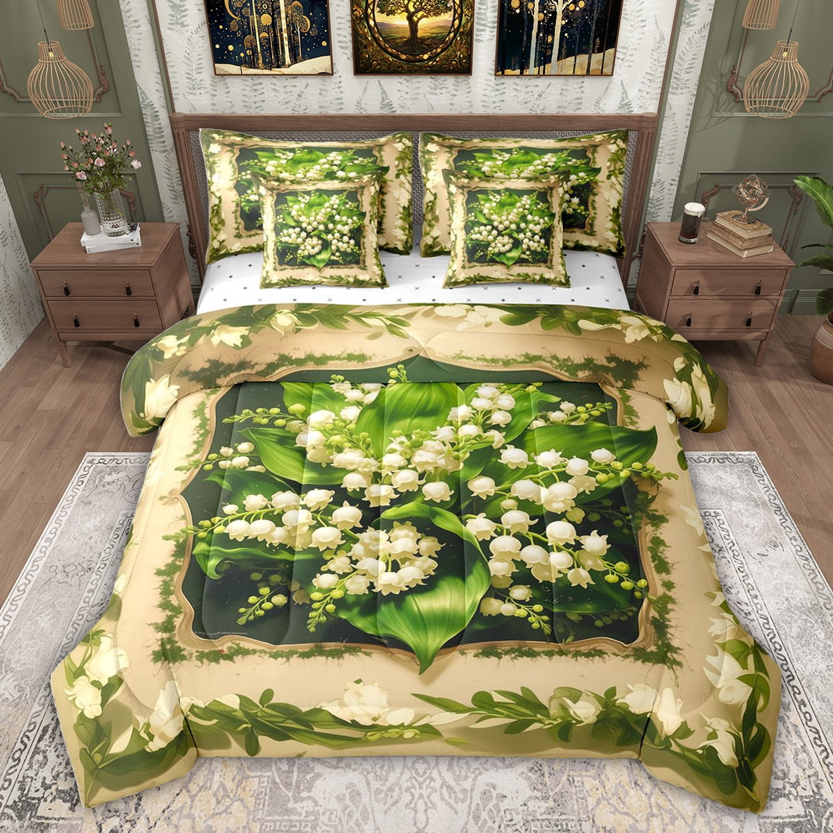 Feelyou Girls Spring Flower Bedding Comforter Set 7pcs, Green Leaves ...