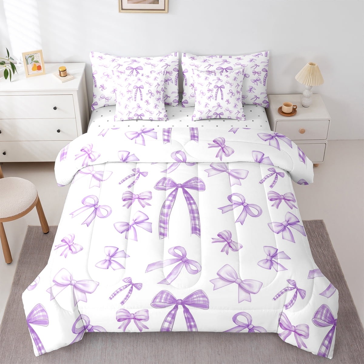 Feelyou Girly Buffalo Bowknot Bedding Comforter Set 7 Pieces, Cartoon ...