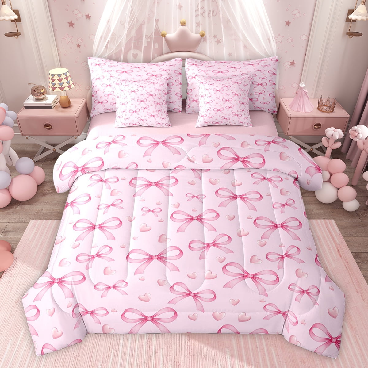 Feelyou Girly Cute Bow Bedding Comforter Set 7pcs for Kids, Romantic ...