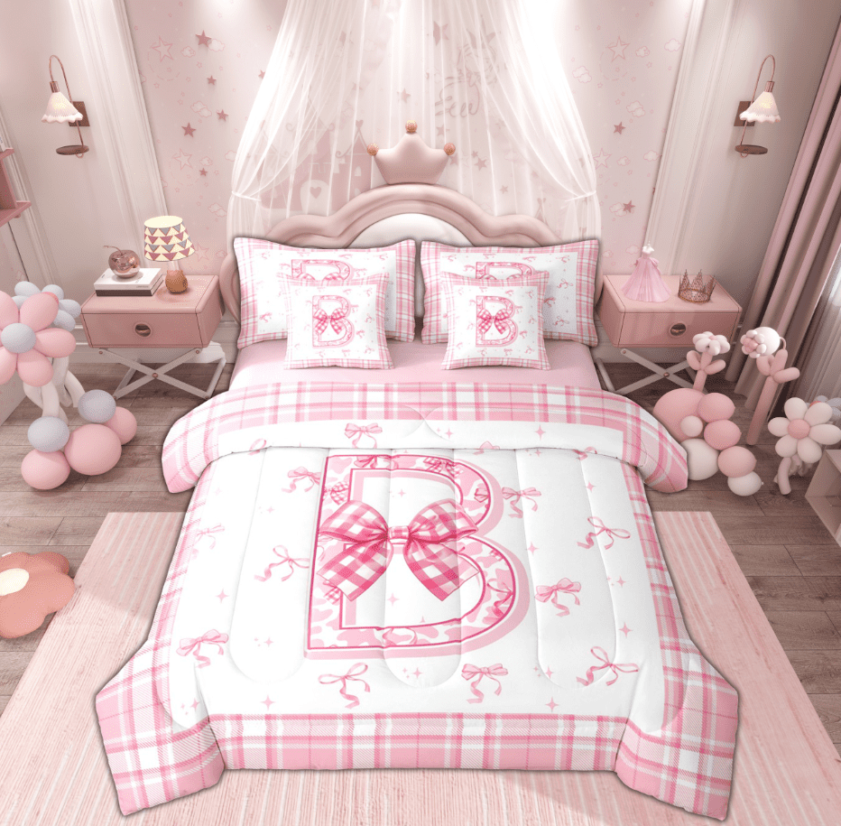 Feelyou Girly Monogrammed B Twin Bedding Sets 7-Piece, Cartoon Pink ...