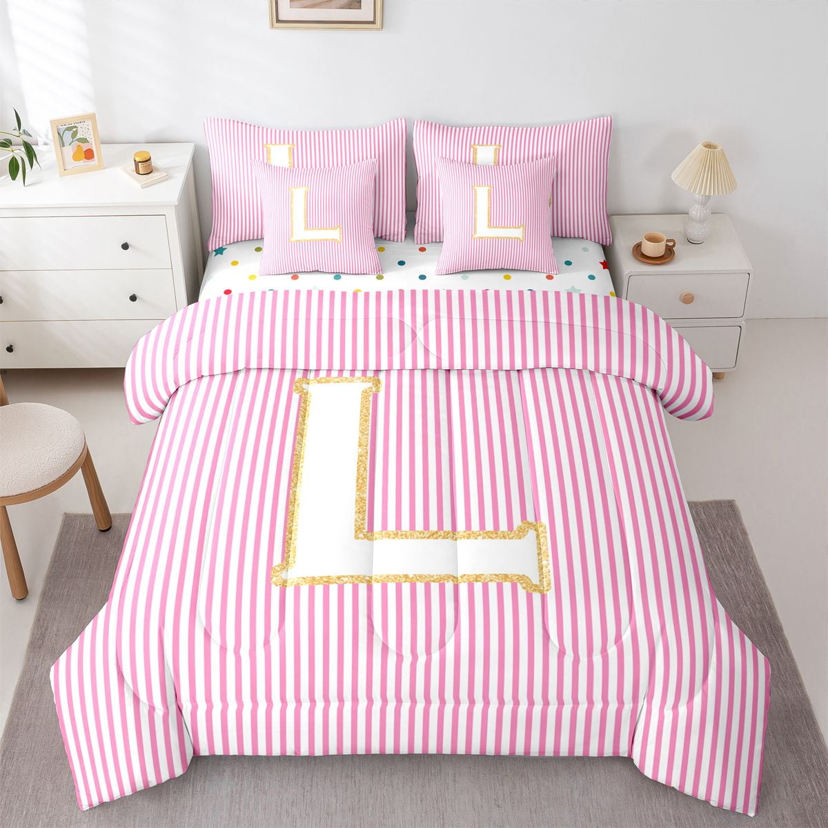 Feelyou Girly Monogrammed L Twin Bedding Sets 7-Piece for Kids, Chic ...