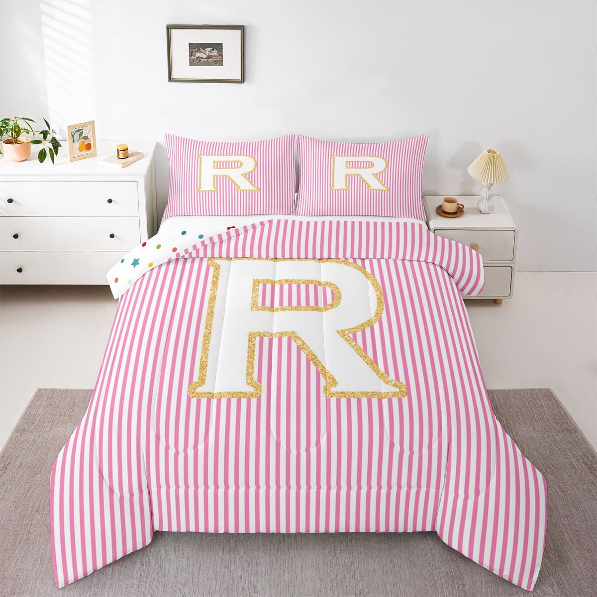 Feelyou Girly Monogrammed R Queen Comforter Set for Kids, Chic Abstract ...