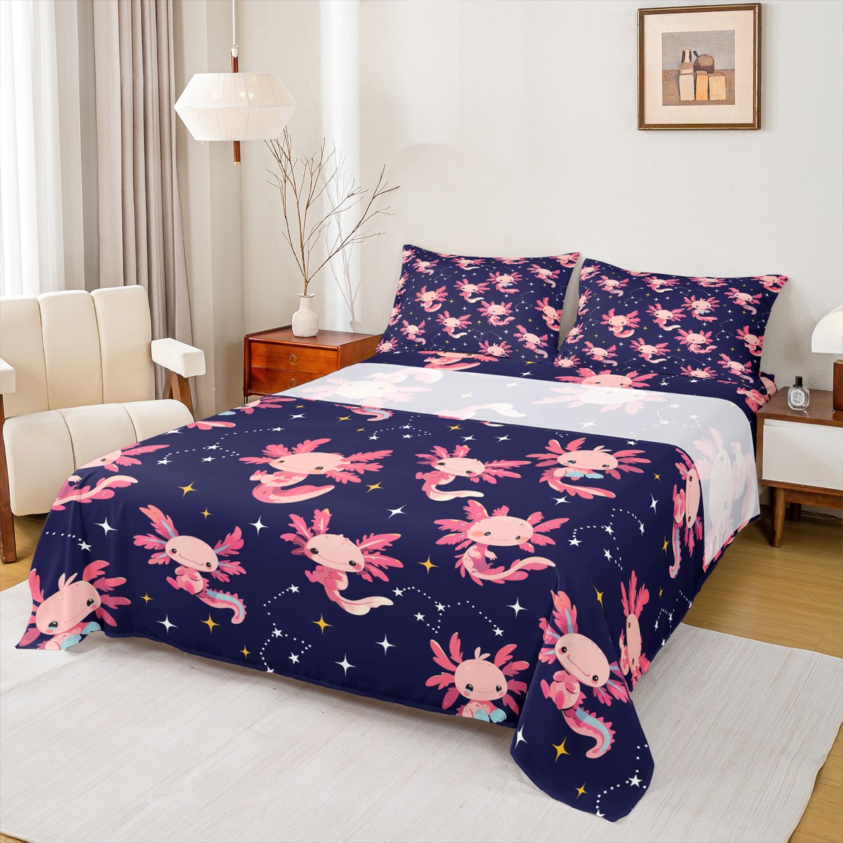 Feelyou Girly Pink Axolotl Bed Sheets for Kids, Funny Cartoon Sealife ...