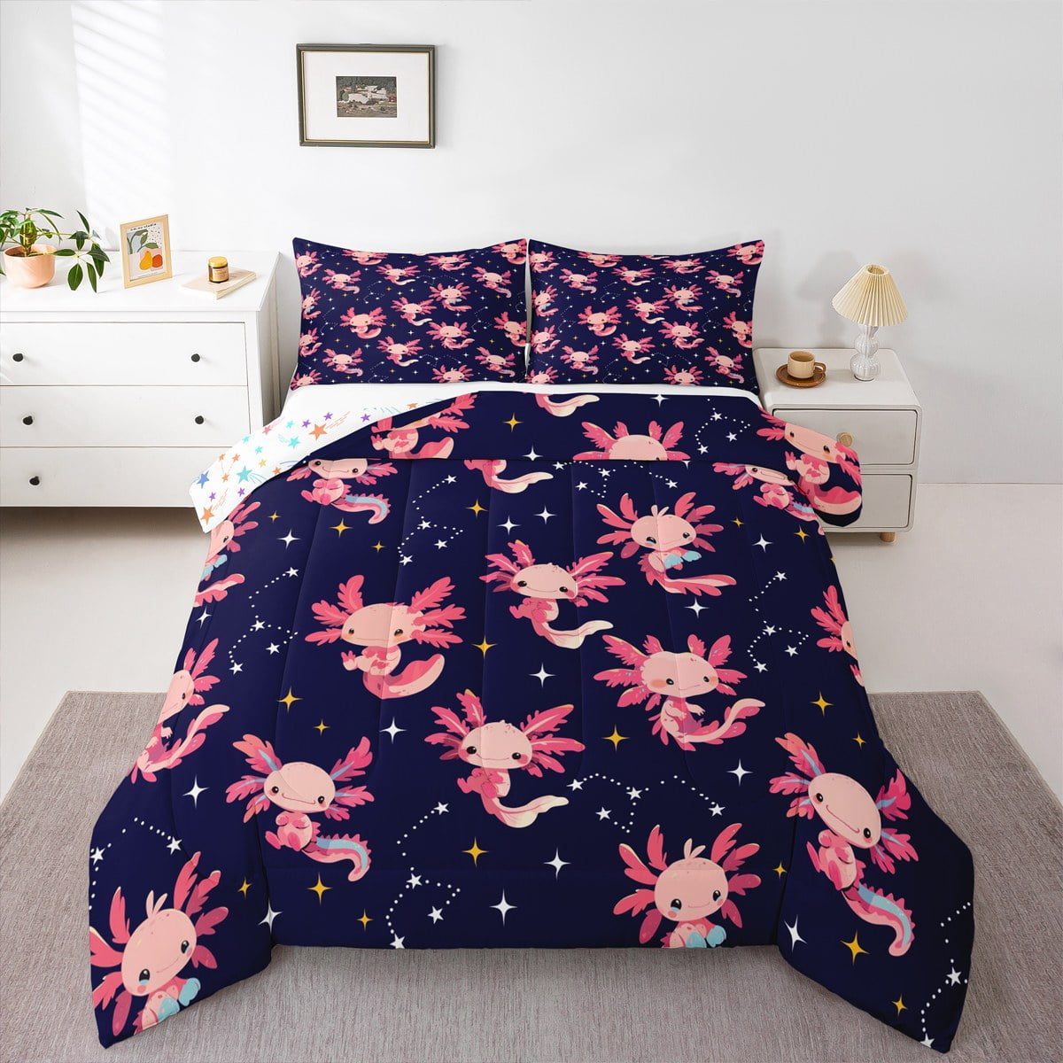 Feelyou Girly Pink Axolotl Bedding Comforter Set for Kids, Funny ...