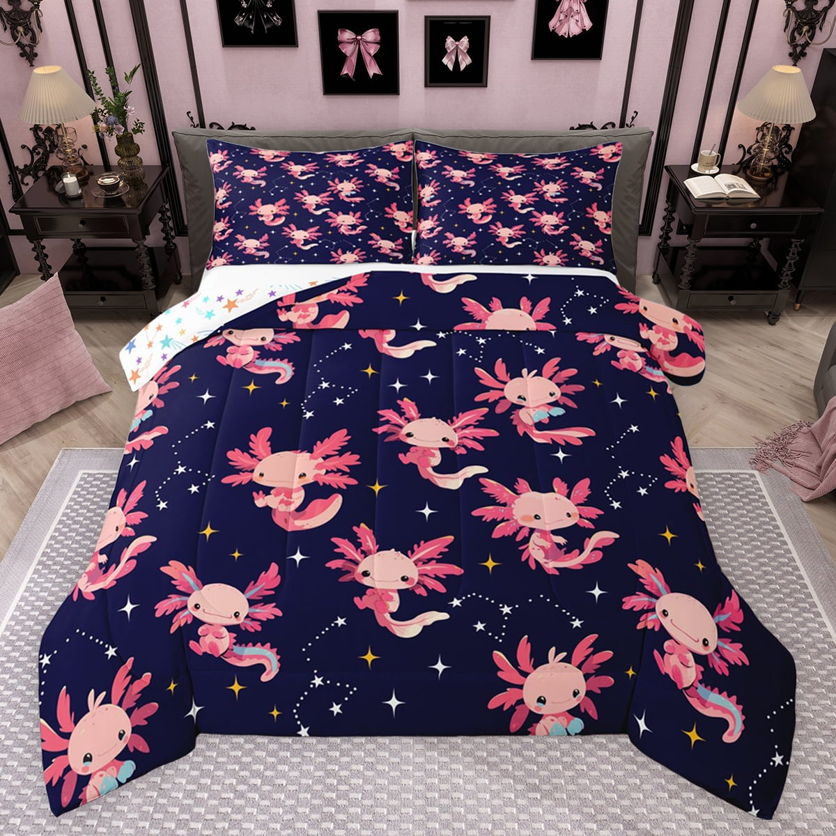 Feelyou Girly Pink Axolotl Bedding Comforter Set for Kids, Funny ...