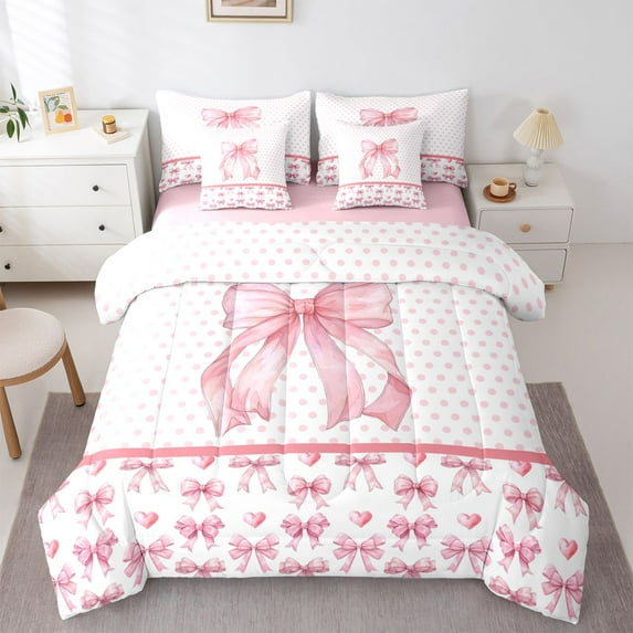 Feelyou Girly Pink Bow-tie Comforter Set 7pcs, Watercolor Love Heart ...