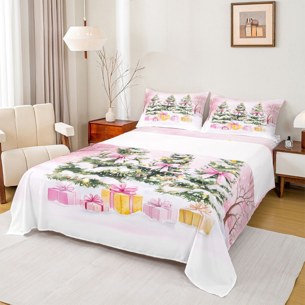 Feelyou Girly Pink Bow-tie Queen Sheet Sets, Winter Jungle Tree ...
