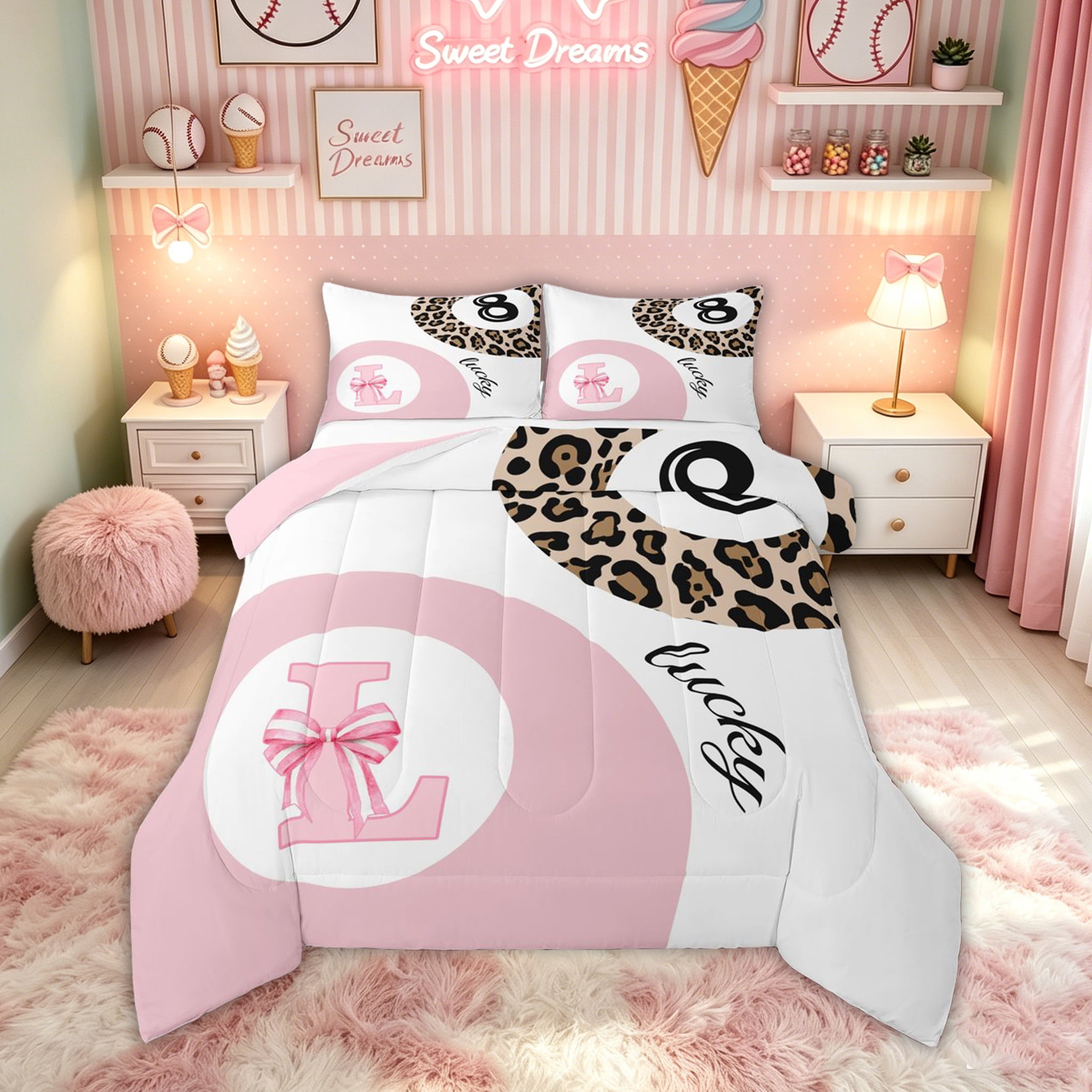 Feelyou Girly Pink Bowknot L Letter Full Size Comforter Sets for Girls ...