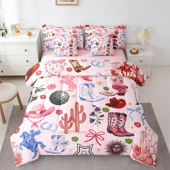 Feelyou Girly Pink Cactus Bedding Comforter Set 7pcs, Kawaii Cowgirl ...