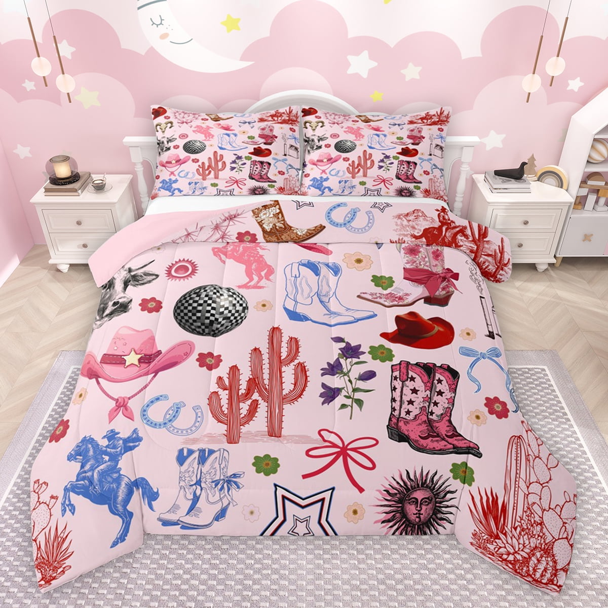 Feelyou Girly Pink Cactus Queen Comforter Set, Kawaii Cowgirl Boot Hat ...