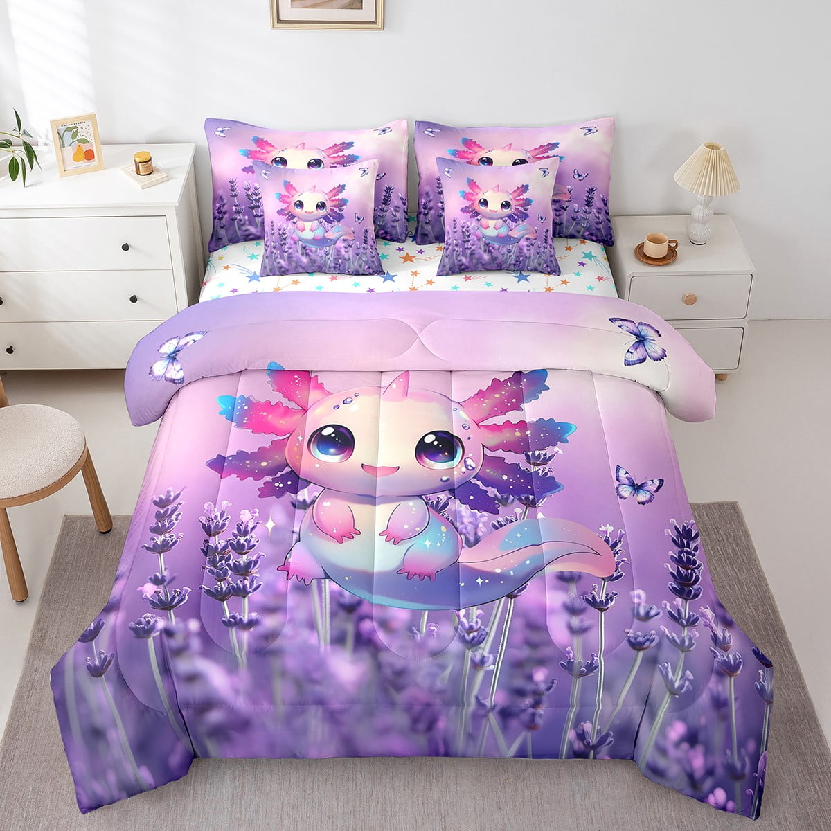Feelyou Glitter Axolotl Bedding Comforter Set 7pcs for Child, Lavender ...