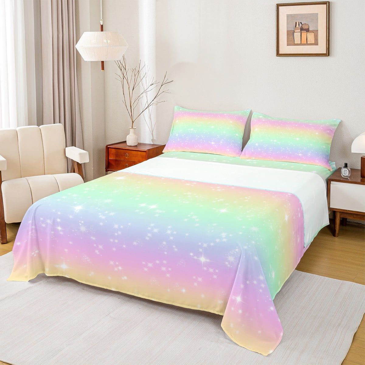 Feelyou Glitter Dreamy Stars Full Size Sheets for Kids, Artwork Rainbow ...