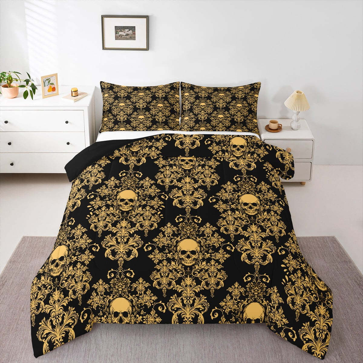 Feelyou Gold Black Damask Bedding Comforter Set for Women, Gothic ...