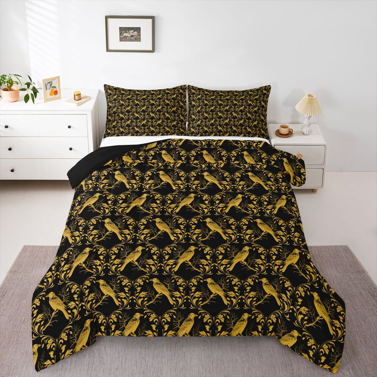 Feelyou Gold Boho Damask Full Size Comforter Sets, Tribal Gothic Crow ...