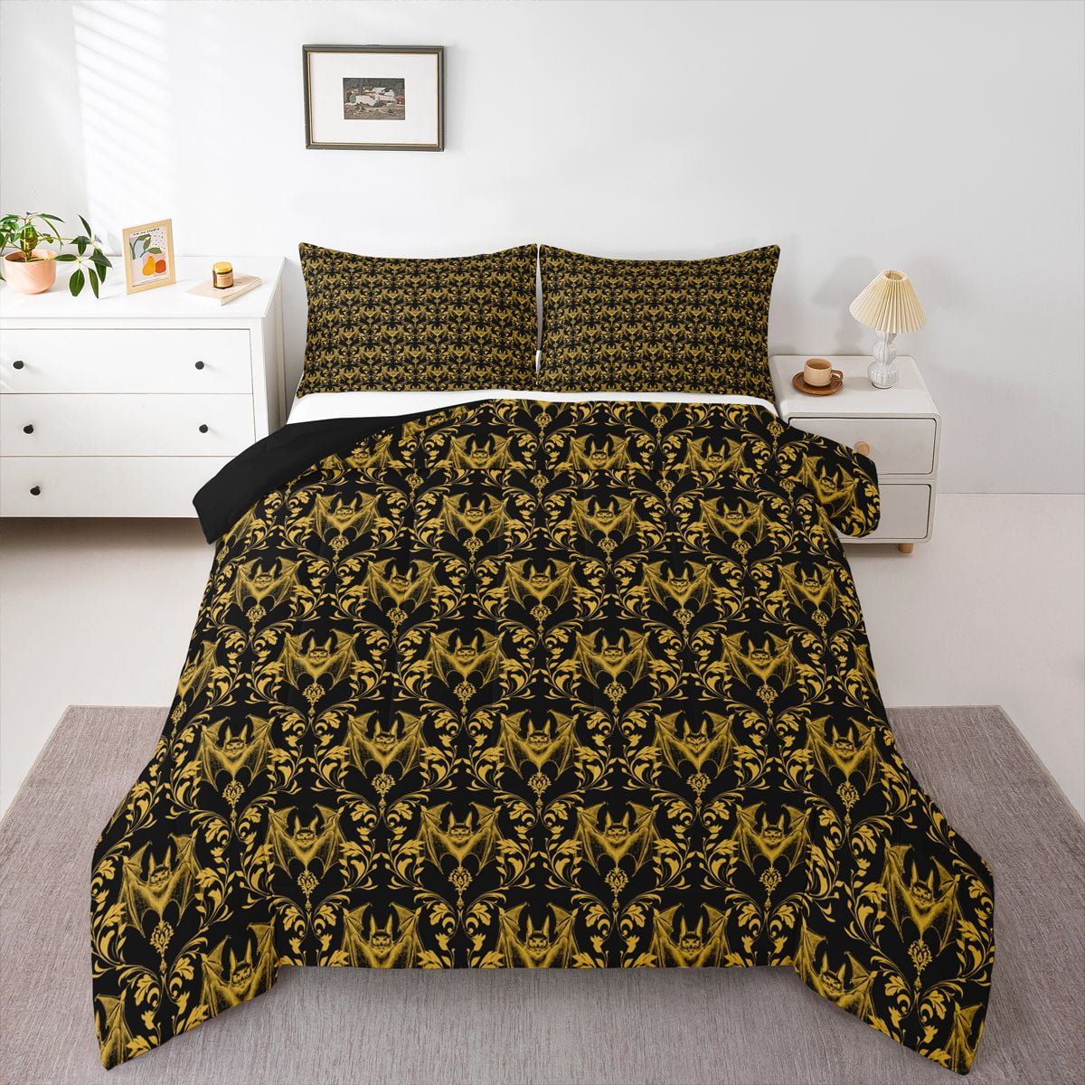 Feelyou Gold Boho Damask Queen Comforter Set, Western Gothic Bat ...
