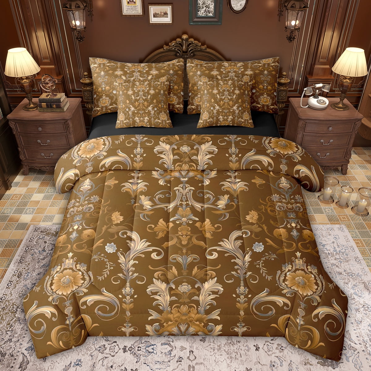 Feelyou Gold Damask Women Bedding Comforter Set 7pcs, Boho Groovy Daisy ...