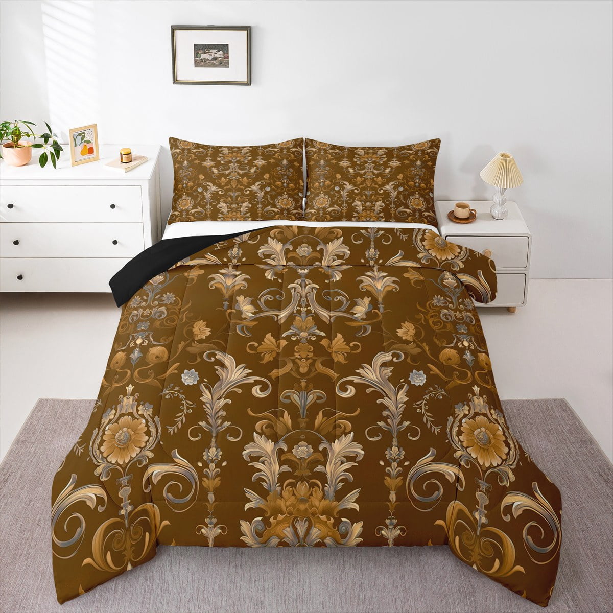 Feelyou Gold Damask Women Queen Comforter Set, Boho Groovy Daisy Flower ...
