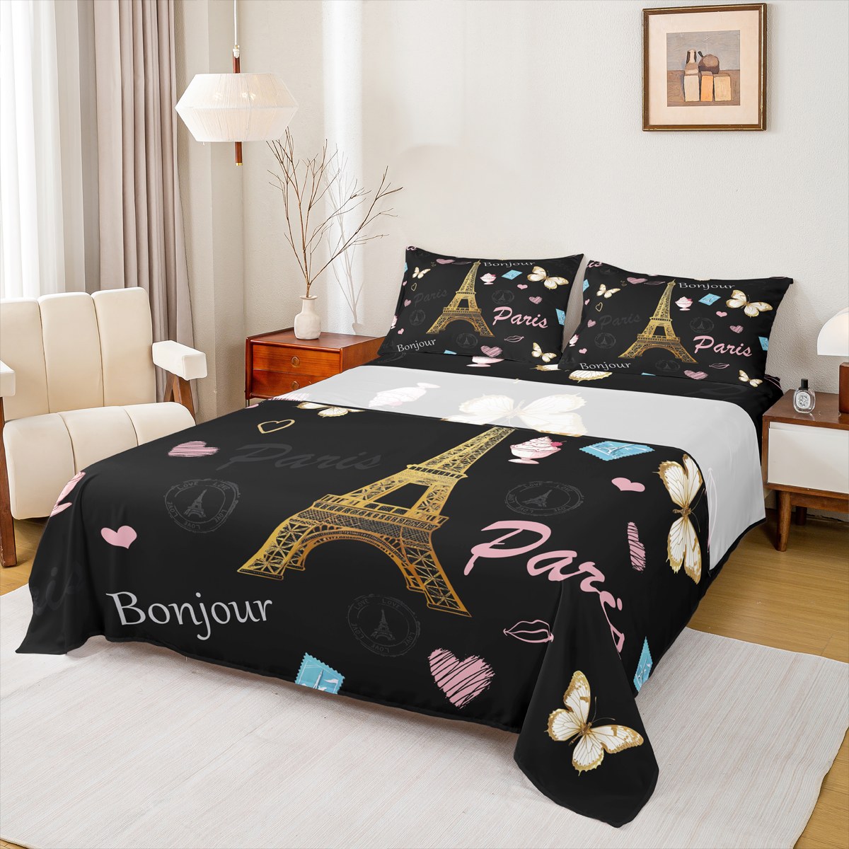 Feelyou Gold Eiffel Tower Bed Sheets, Fashion Butterfly King Sheets ...