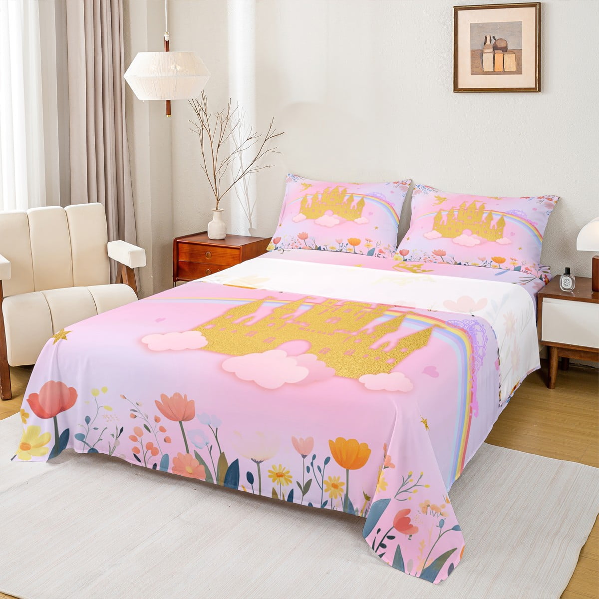 Feelyou Gold Princess Castle Bed Sheets, Cartoon Rainbow Star Sheet Set ...
