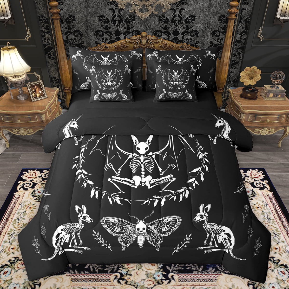 Feelyou Gothic Bat Skeleton Bedding Comforter Set 7 Pieces, Jungle Moth ...
