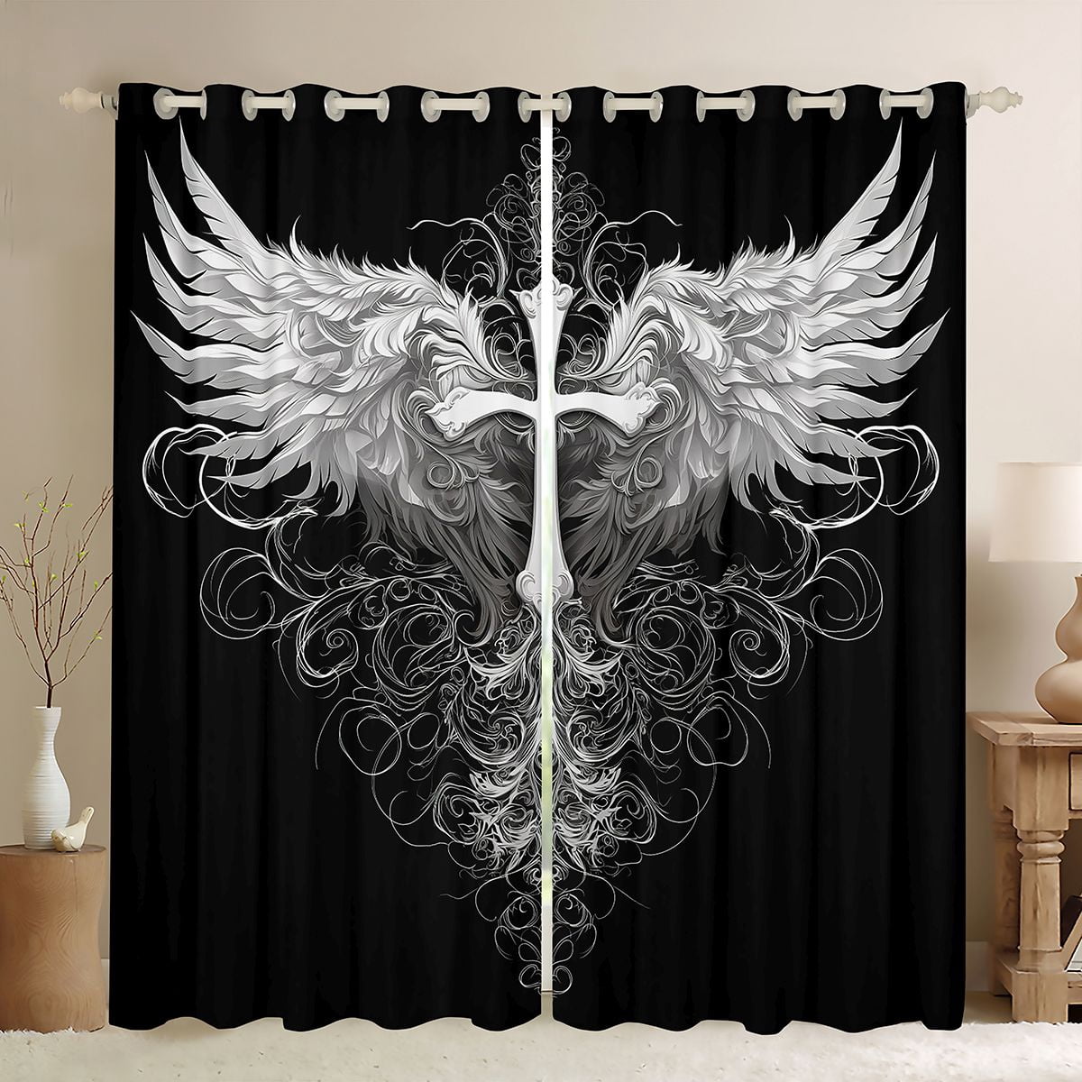 Feelyou Gothic Cross Print Blackout Curtains Set of 2 (52x84 Each) for ...