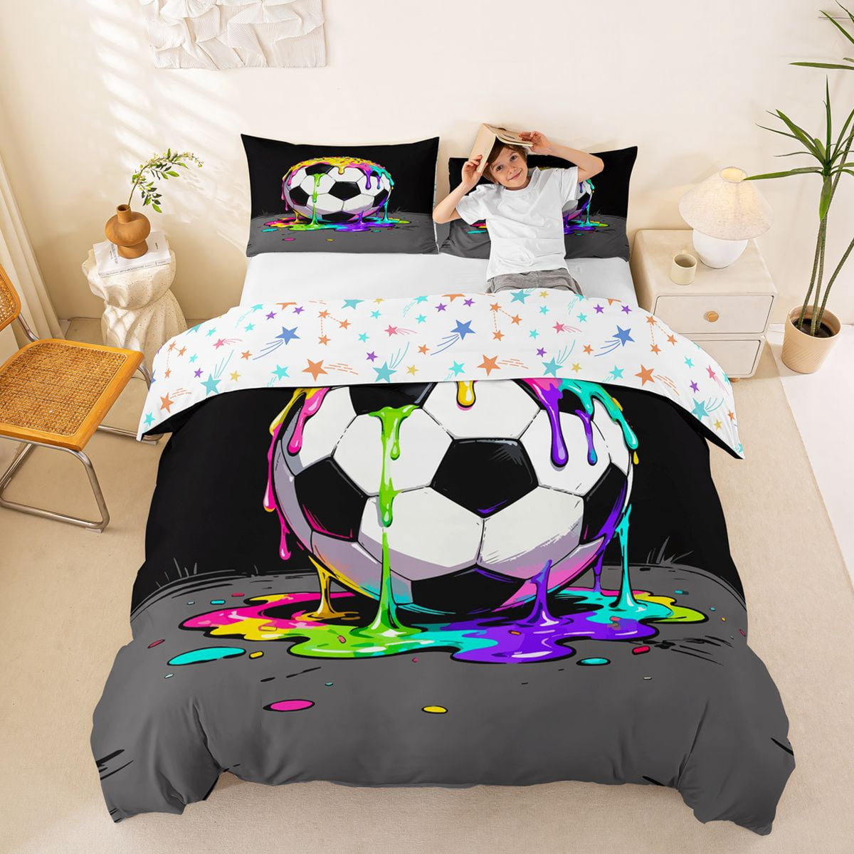 Feelyou Graffiti Drip Soccer Duvet Cover Queen for Kids, Rainbow ...