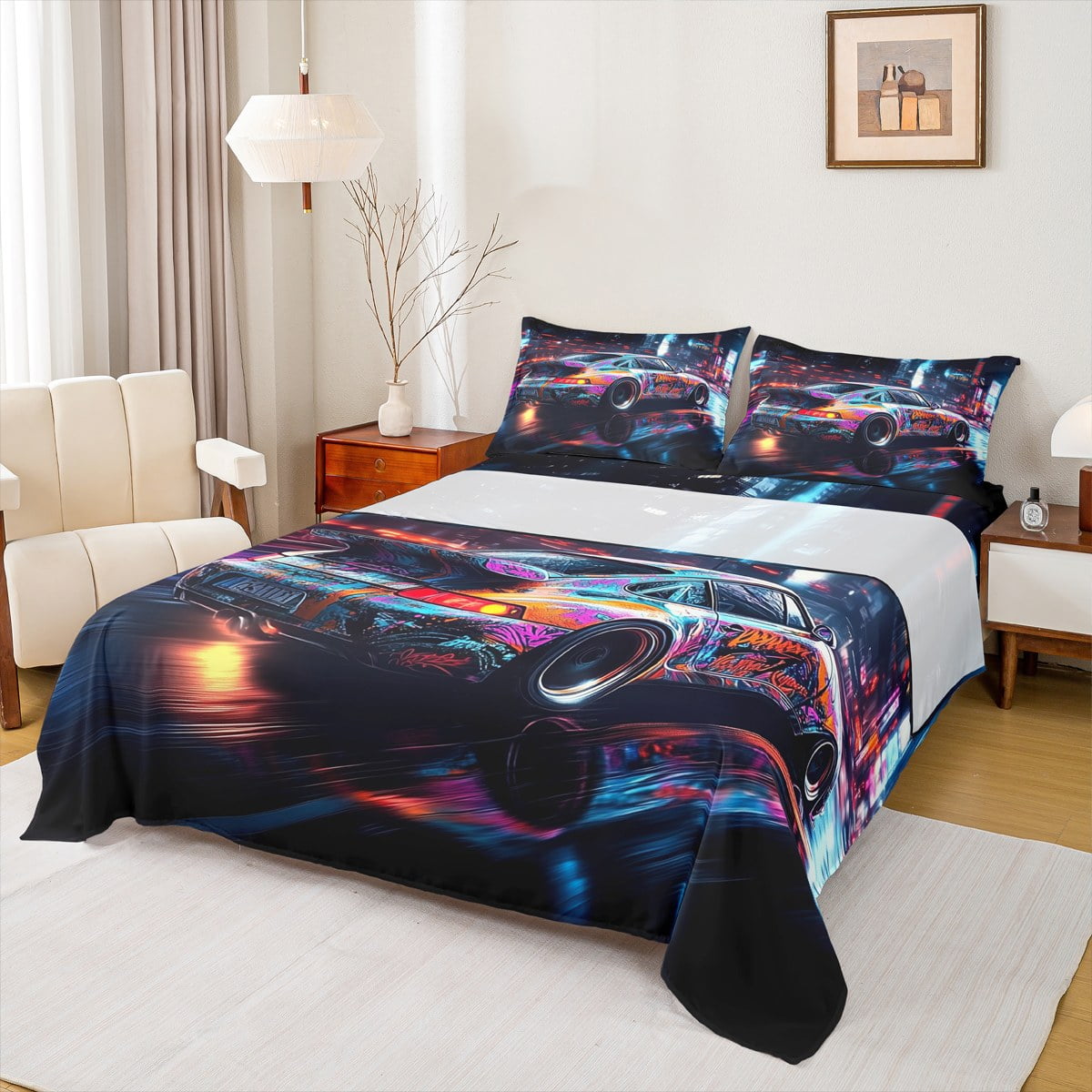 Feelyou Graffiti Sports Car Queen Sheet Sets, Racing Car Flat Sheet ...