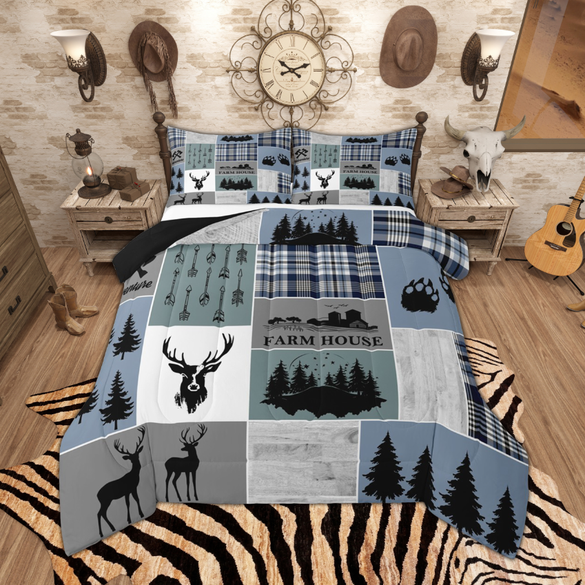 Feelyou Gray Farmhouse Checkered Bedding Comforter Set, Woodland Deer ...