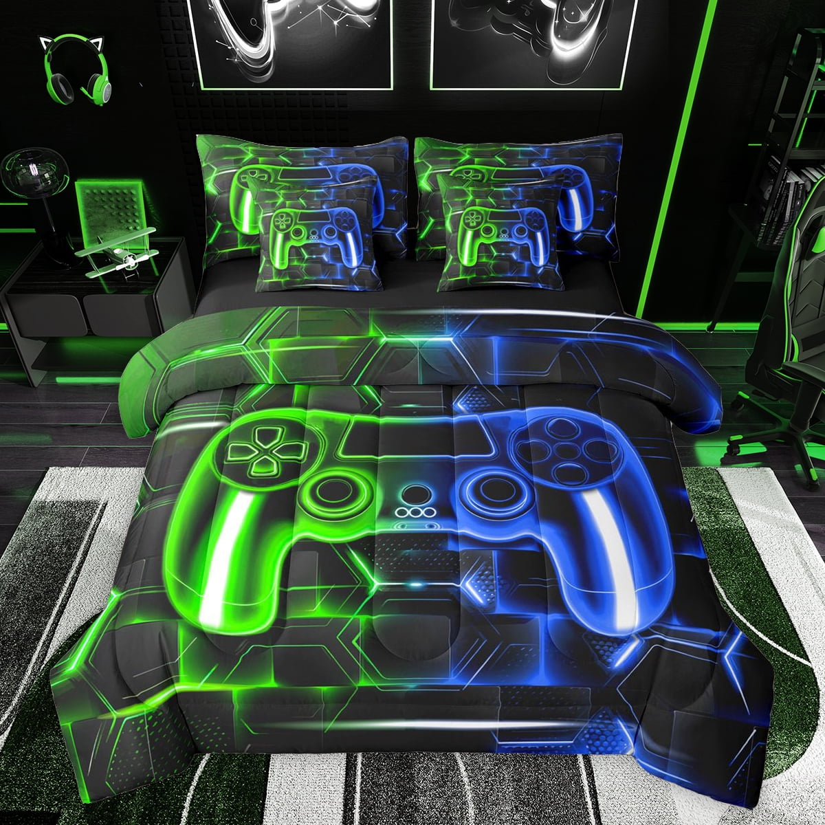 Feelyou Green Blue Gamepad Bedding Comforter Set 7pcs for Teen, Video ...