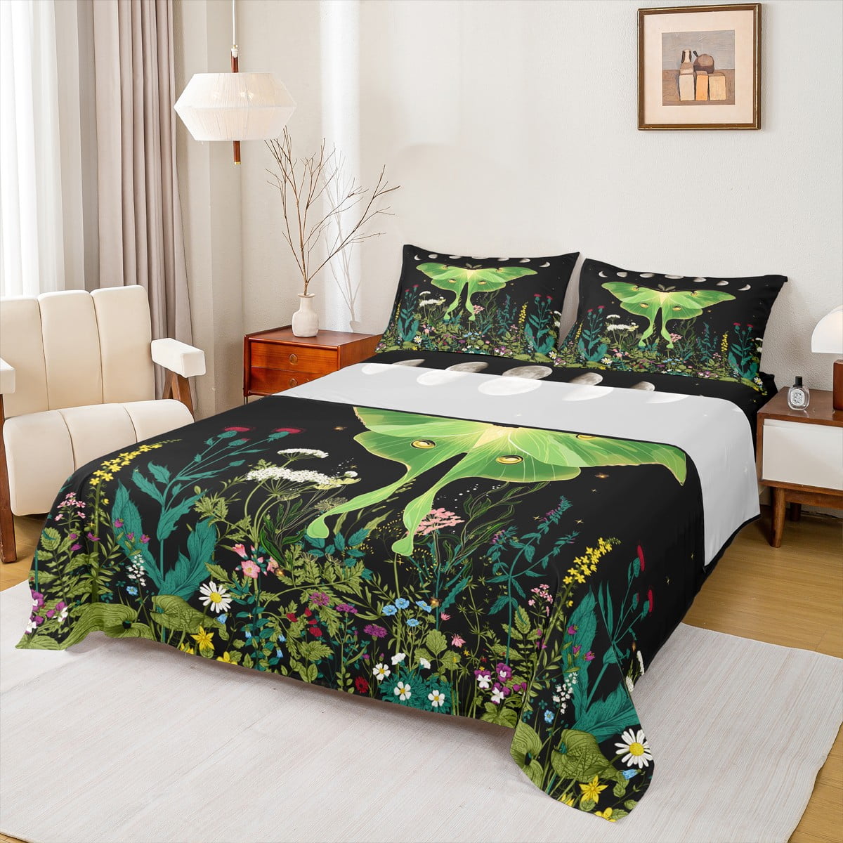 Feelyou Green Cartoon Moth Queen Sheet Sets for Kid, Rustic Leaves ...