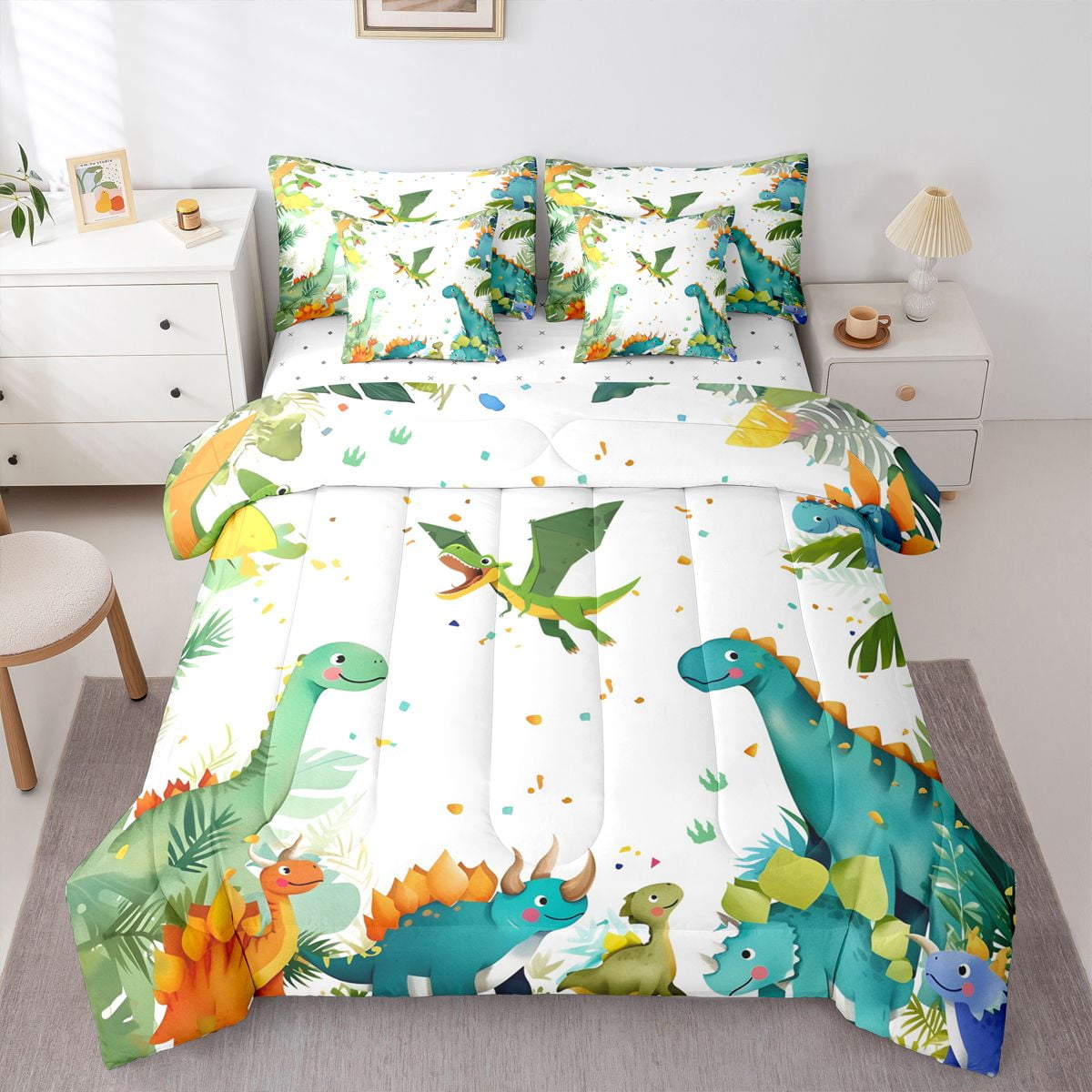 Feelyou Green Dinosaur Animal Twin Bedding Sets 7-Piece, Kawaii Jungle ...
