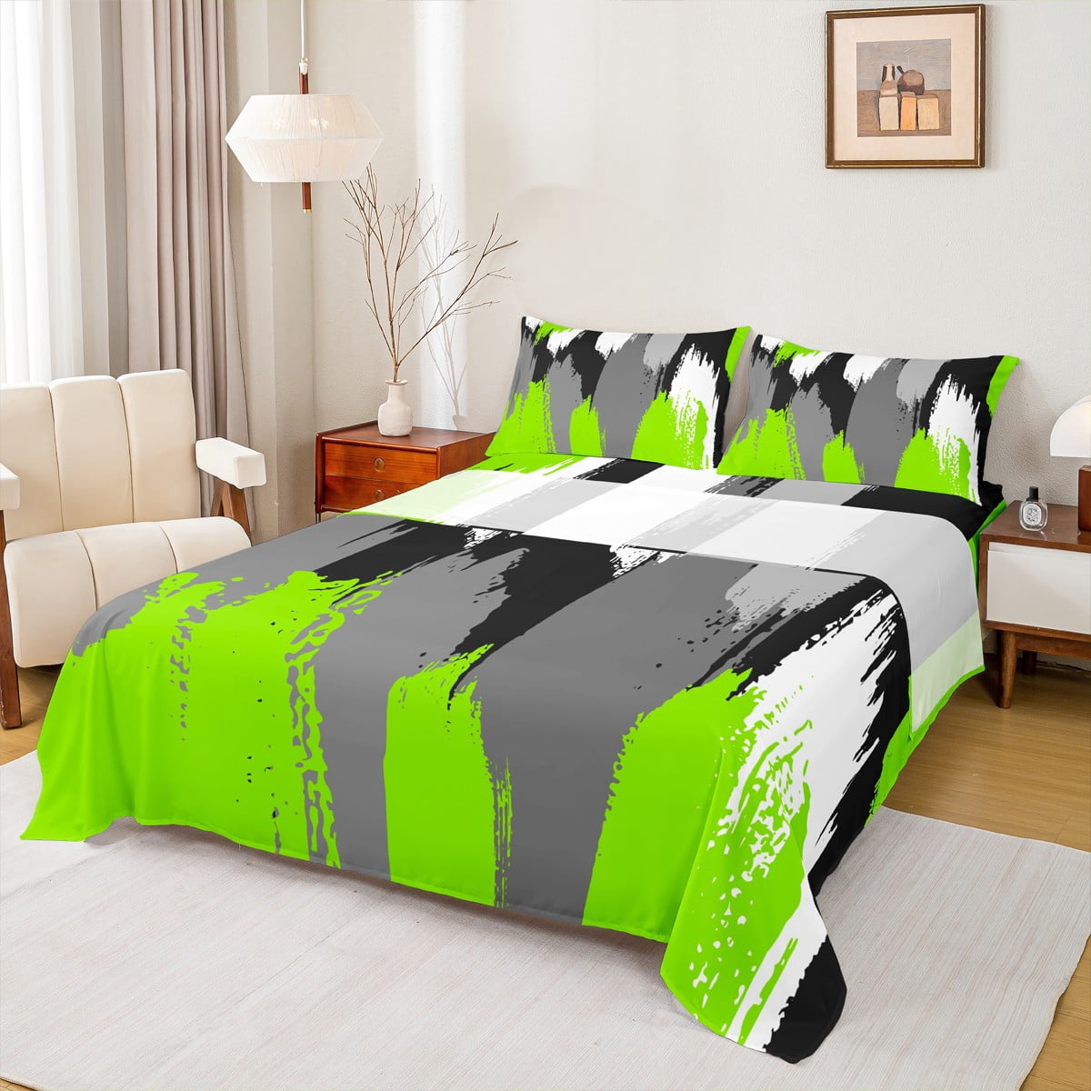 Feelyou Green Gray Black White Queen Sheet Sets, Watercolor Aesthetic ...