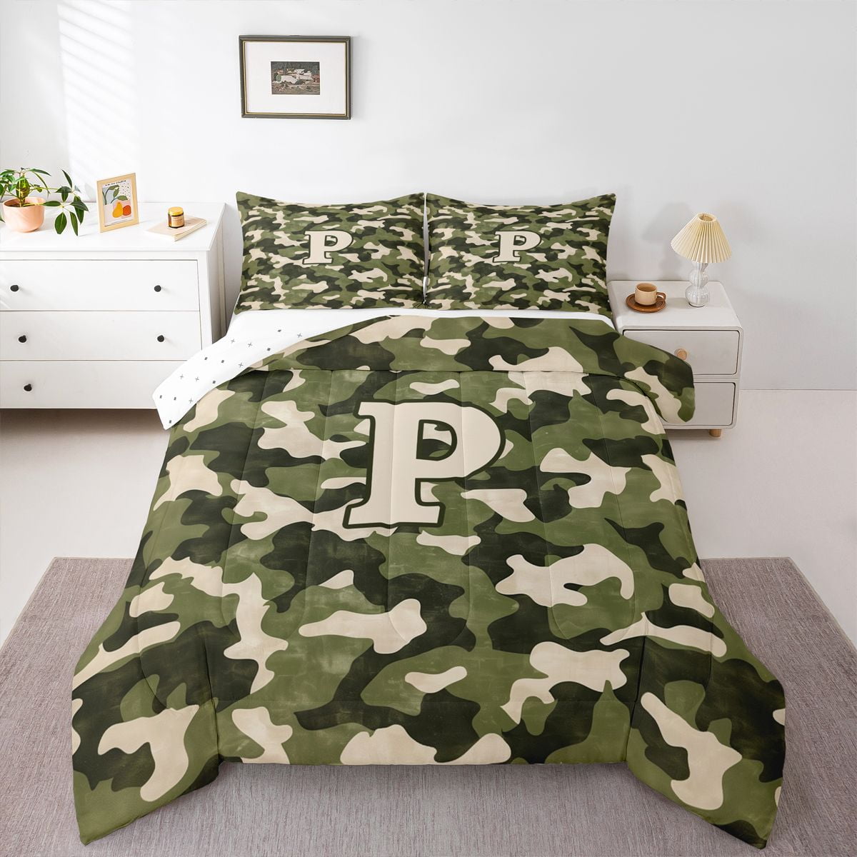 Feelyou Green Letter P Full Size Comforter Sets, A-Z Monogrammed, Camo ...