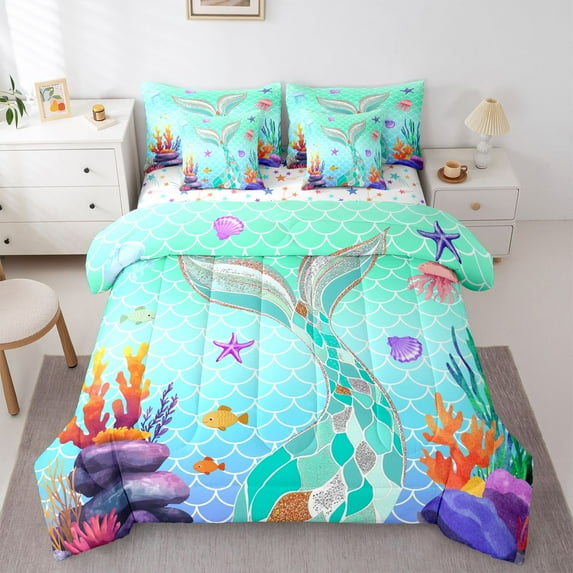 Feelyou Green Mermaid Scale Comforter Set 7pcs, Sea Starfish Coral Full ...